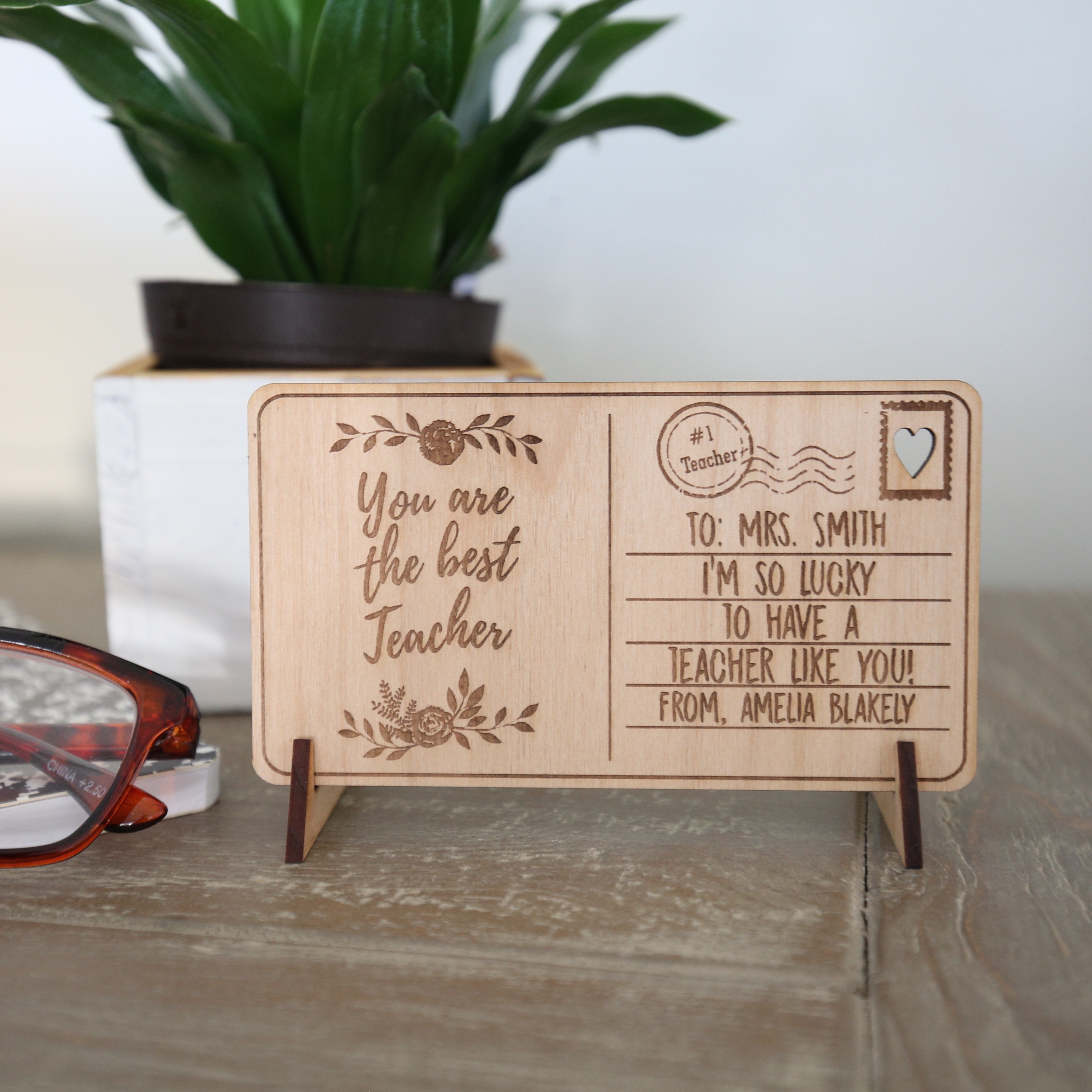 Floral Best Teacher Personalized Wood Postcard - The Plaid Barn